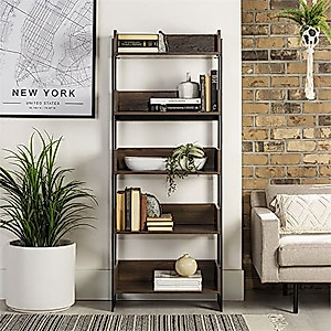 Walker Edison Addison Urban Industrial Metal and Wood 5-Shelf Bookcase, 64 Inch, Dark Walnut