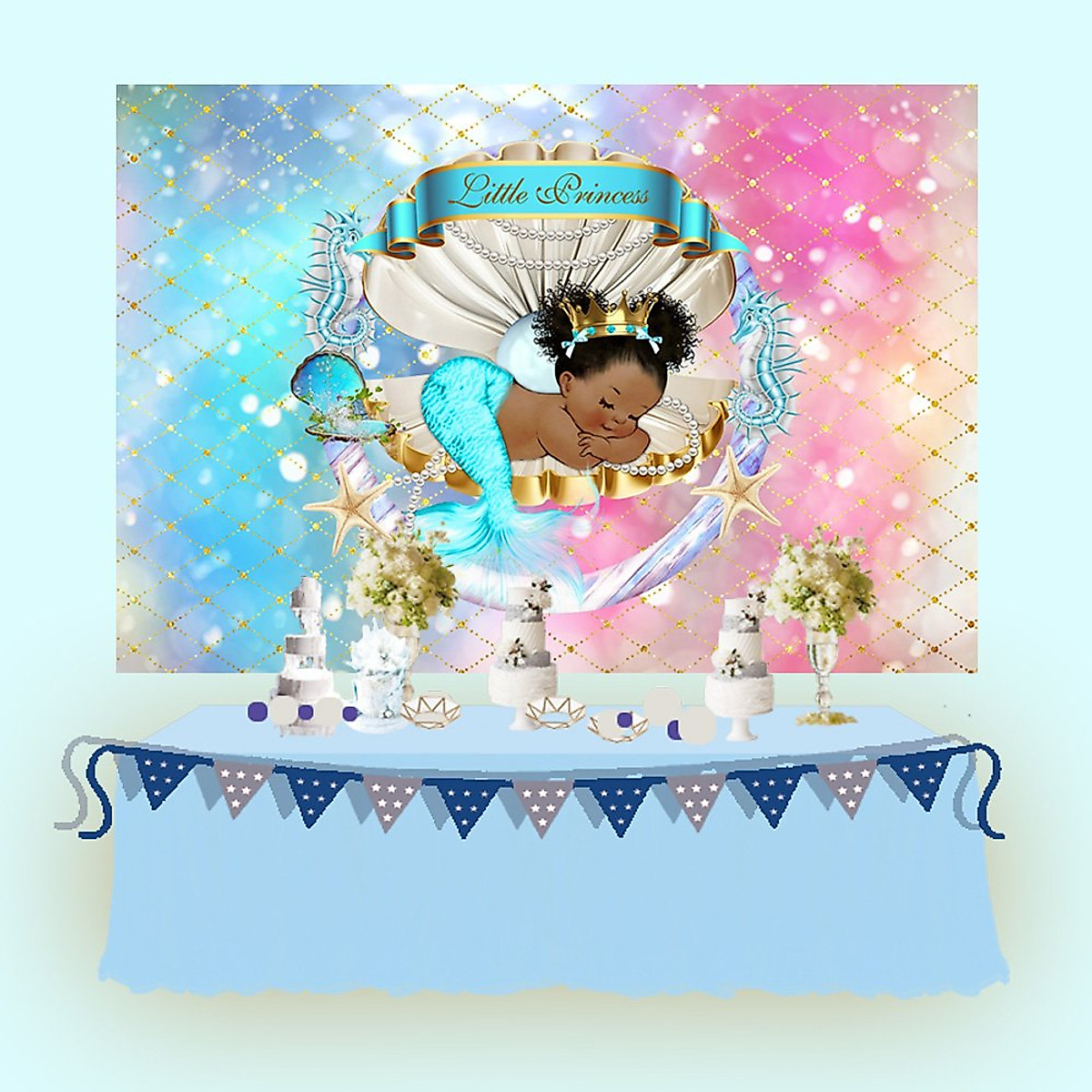 Mocsicka Royal Mermaid Princess Backdrop Under Sea Glitter Shell Crown Background 7x5ft Black Girl Backdrops Banner for Baby Shower, Birthday Party