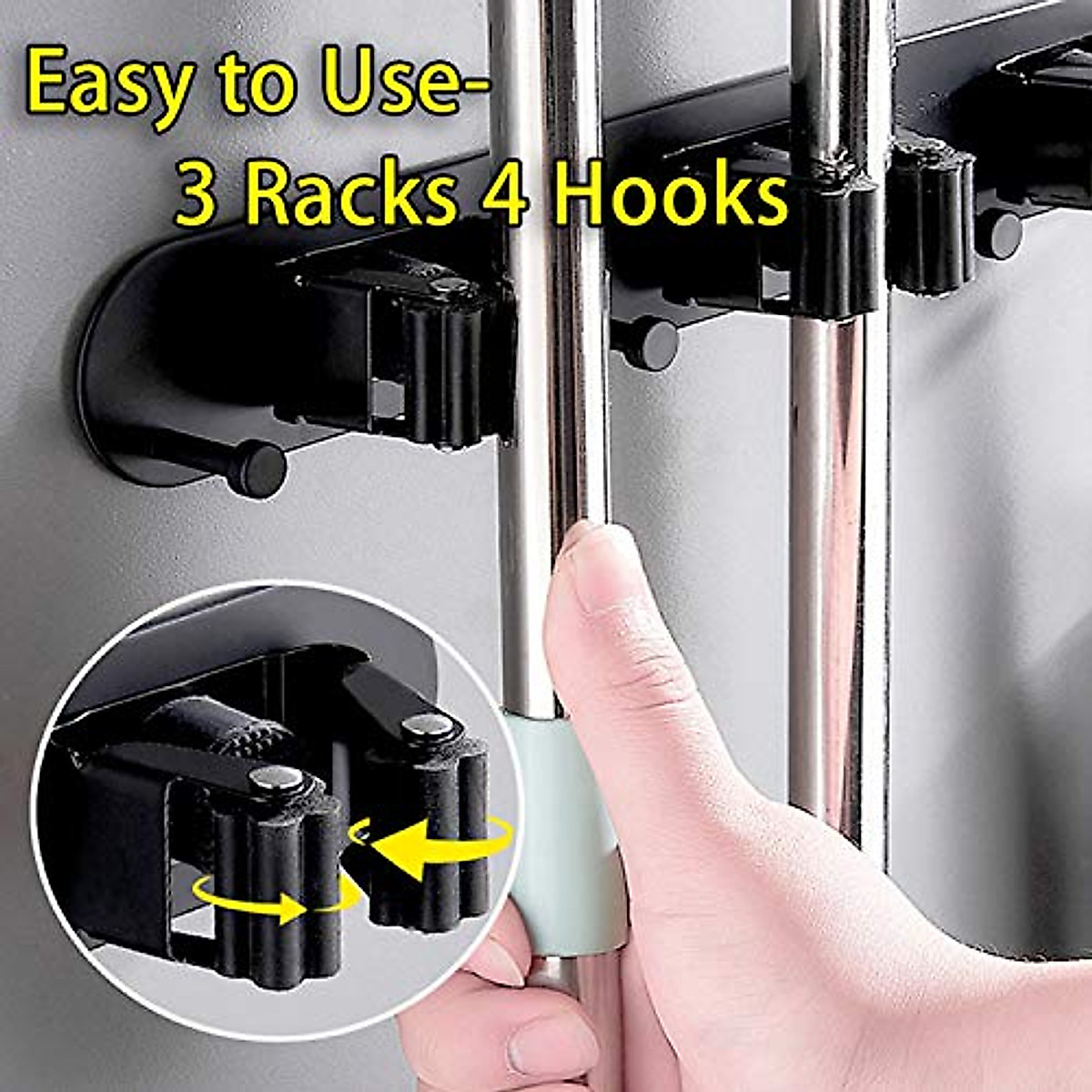 Ascotahoo Bathroom Organizer Broom Mop Holder,mop and Broom Rack Wall Mount with Stainless Steel 3 Racks 4 Hooks for Kitchen Bathroom Office Closet Garden, Black Color