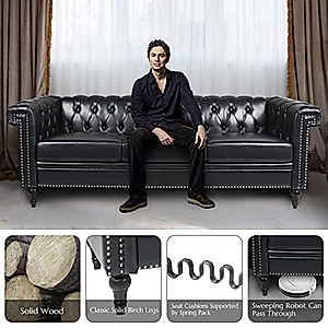 Vaztrlus Chesterfield Sofas Couches for Living Room, Square Arm 3-Seater Faux Leather Large Couch Deep Button Nailhead Tufted Black Upholstered Couches for Bedroom, Office Easy to Assemble