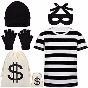SOMSOC Adult Halloween Robber Costume Set Include Short Sleeves Stripe T-shirt Beanie Cap Dollar Sign Money Bag Eye Mask Half-finger Gloves for Halloween Cosplay Pirate Burglar Theme Party, Small