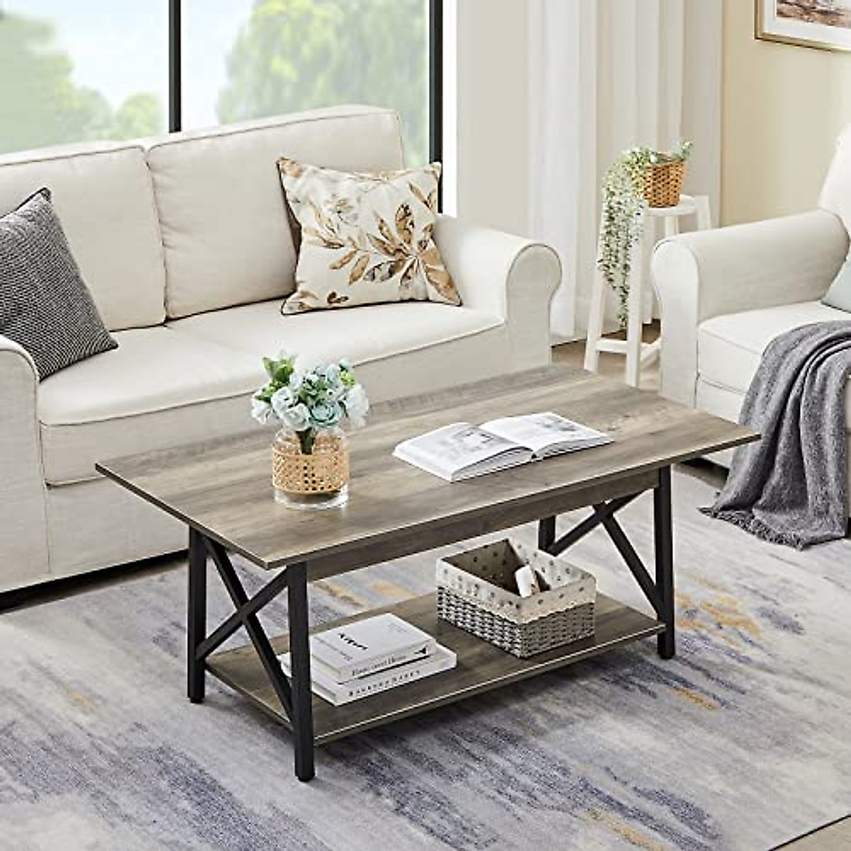 GreenForest Coffee Table Large 43.3 x 23.6 inch Rustic Farmhouse with Storage Shelf for Living Room, Easy Assembly, Gray WASH
