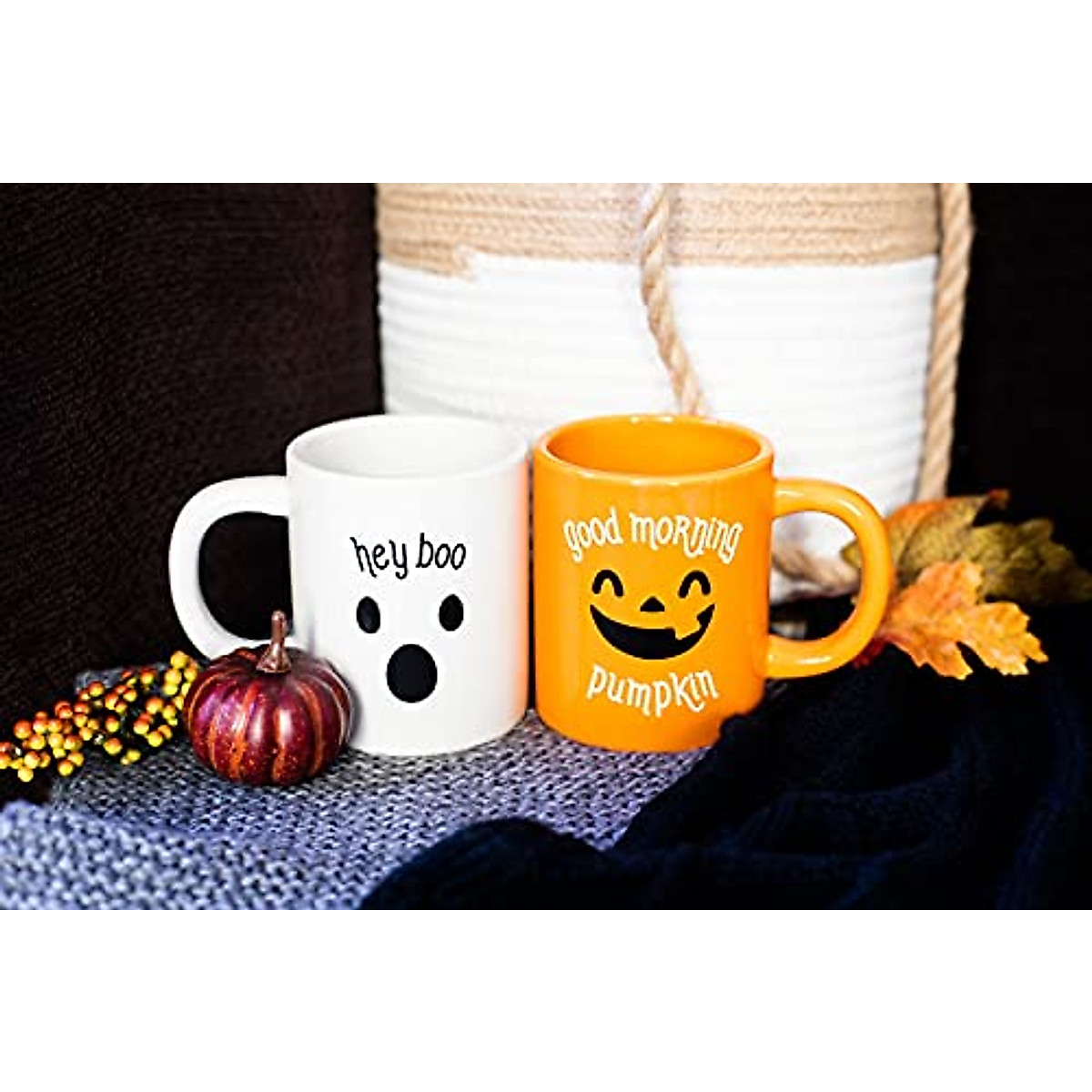 Pearhead Halloween Mug Set, Good Morning Pumpkin and Hey Boo Coffee Mugs, Novelty Fall Holiday Cups, Set of 2, 13 oz