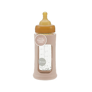 HEVEA Plastic-Free Wide Neck Glass Baby Bottle with Sand Sleeve - Medium Flow Anti Colic Baby Bottles 3-24 Months - BPA-Free, Single-Pack (8.5 Oz)