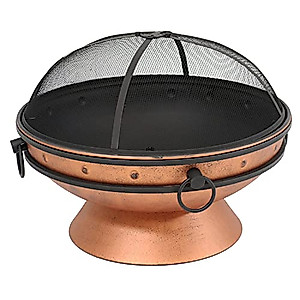 Sunnydaze 30-Inch Raised Outdoor Fire Pit Bowl - with Handles, Log Poker, and Spark Screen - Copper Finish