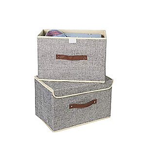 YELAIYEHAO Storage Bins Set, Pack of 2 Foldable Storage Box Cube with Lids and Handles Fabric Storage Basket Bin Organizer Collapsible Drawers Containers (Grey, 15"X10"X10")