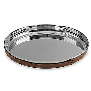 nambe Tahoe Bar Tray | Stainless Steel Organizing Tray with Raised Edges and Leather Accent | Decorative Round Metal Serving Tray | 13-in Removable Leather Accent