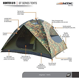 NTK Hunter GT 8 Person Tent | 10x12 Ft Outdoor Dome Woodland Camo Camping Tent | 100% Waterproof 2500mm, Easy Assembly, Durable Fabric Full Coverage Rainfly - Micro Mosquito Mesh