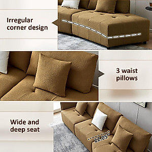 kevinplus 120'' Sectional Sofa Couch for Living Room, Modern Contemporary Sofa Couch with Curved Tufted Seat, Sofa Couch with Throw Pillow for Apartment, Teddy Fabric, Dark Yellow