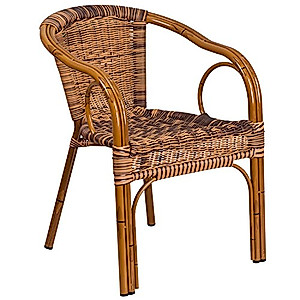 EMMA + OLIVER Brown Rattan Patio Chair with Dark Red Bamboo-Aluminum Frame