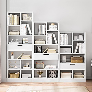 IOTXY Wooden Open Shelf Bookcase - 61" Height Free Standing Display Storage Cabinet Organizer with 8 Cubes and a Drawer, Floorstanding Bookshelf, Warm White