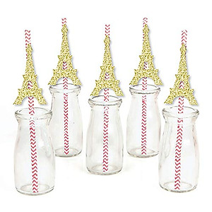 Gold Glitter Eiffel Tower Party Straws - No-Mess Real Gold Glitter Cut-Outs and Decorative Paris Themed Baby Shower or Birthday Party Paper Straws - Set of 24