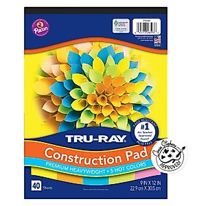 Tru-Ray® Heavyweight Construction Paper Pad, 5 Assorted Hot Colors, 9" x 12", 40 Sheets
