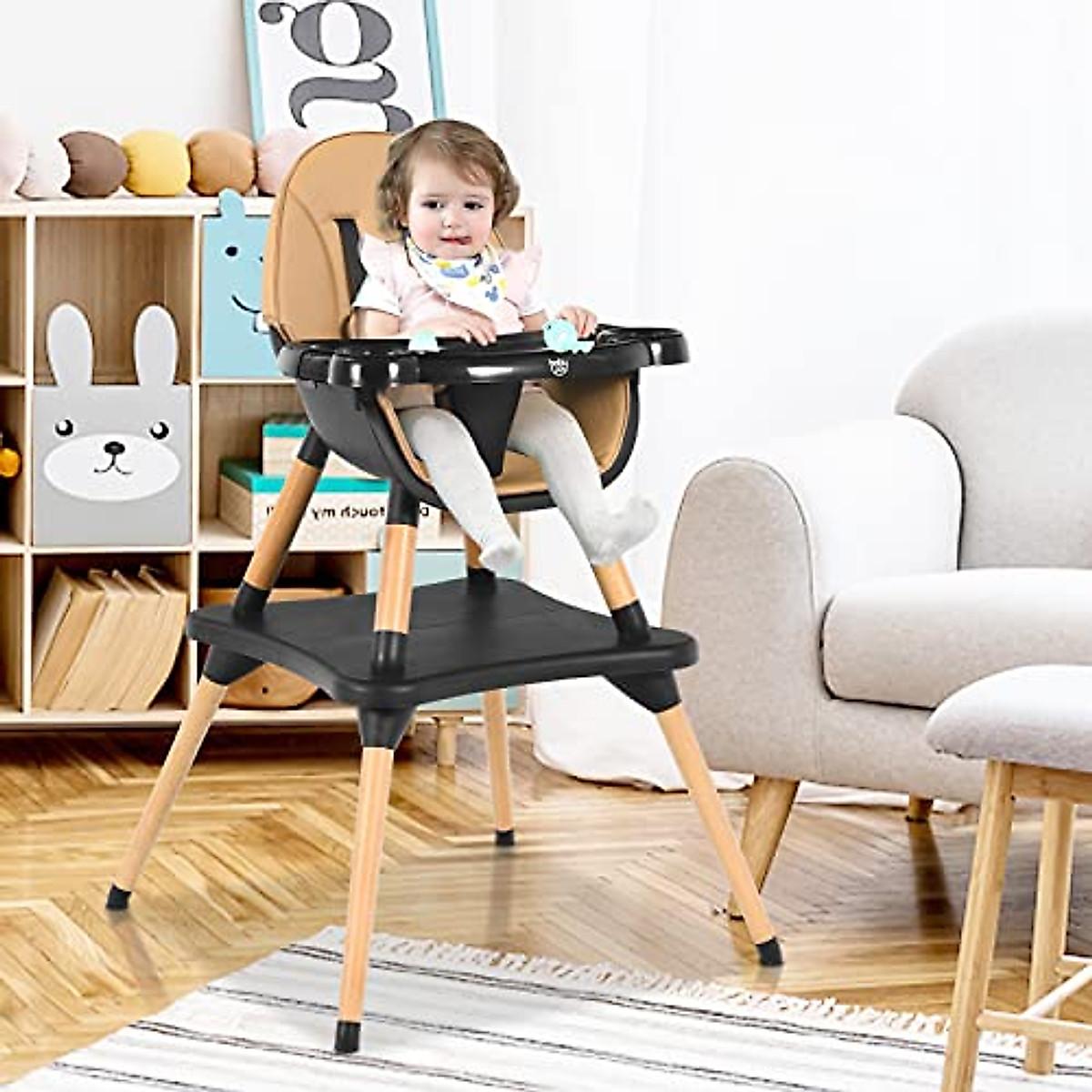 BABY JOY 5 in 1 High Chair, Convertible High Chairs for Babies and Toddlers/Booster Seat/Table and Chair Set, Infant Wooden Highchair w/ 5-Point Harness, 4-Position Removable Tray & PU Cushion, Coffee