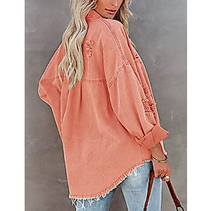 Lumister Womens Causal Oversized Button Distressed Jean Jacket Ripped Fringe Long Sleeve Denim Jacket With Pockets(0222-Orange-S)