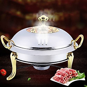ZJUAN Hotpot Stainless Steel Hotpot Set Mini Hotpot Pot Holder Tempered Glass Lid Gold Silver Chafing Dish Buffet Pan Food Tray Warmer Stainless Steel Shabu Hot Divider Hot Pot Stockpot-Gold||24cm