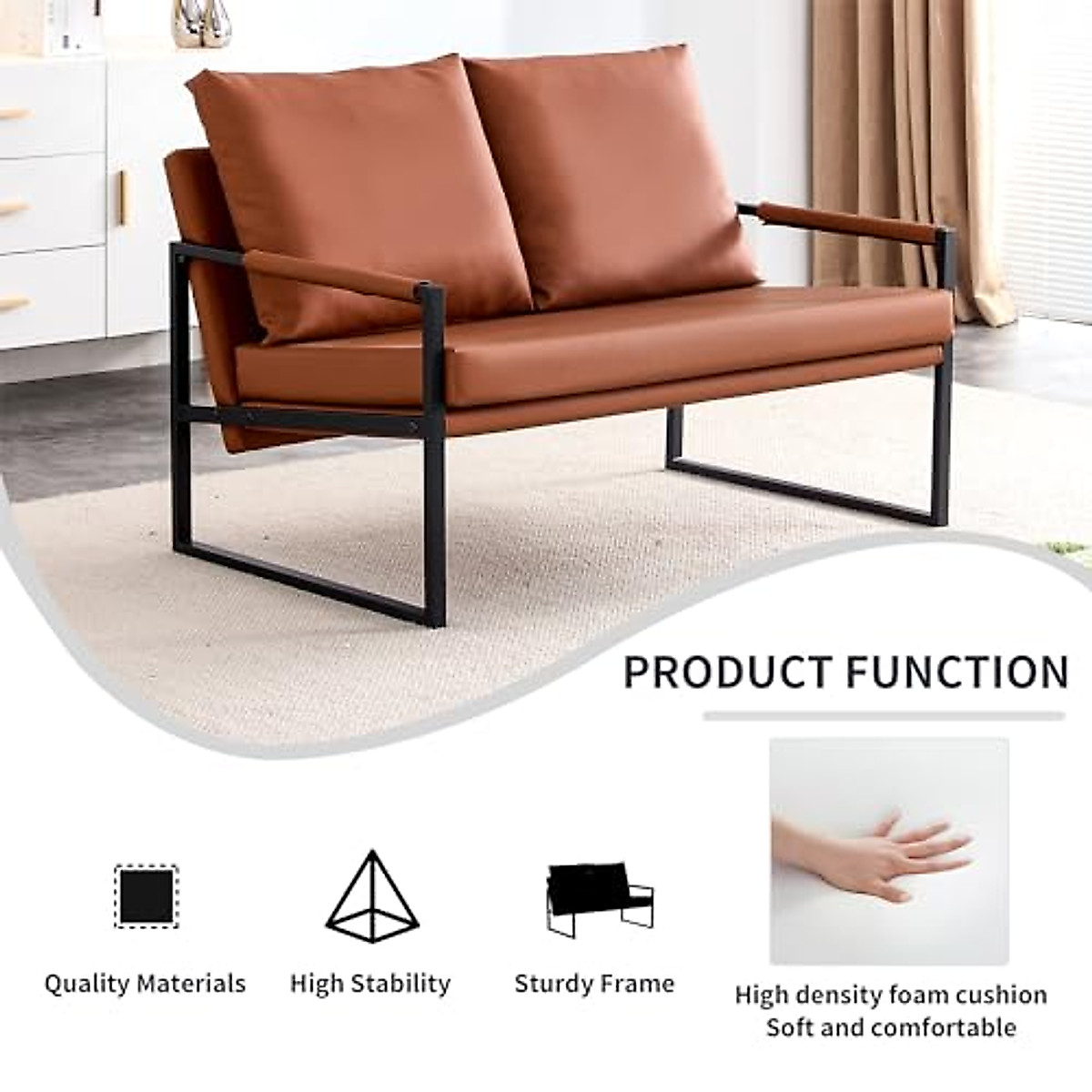 RIGHTPARTS Modern Two-Seater Sofa Chair, Living Room Sofa with 2 Pillows,PU Leather Sofa Bed, High-Density Foam, Black Coated Metal Frame,Brown