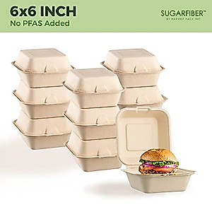 Harvest Pack GOURMET SHOWCASE [50 COUNT Sugarfiber 6 X 6 PFAS FREE Compostable Square Hinged Container, Single Compartment Clamshell Takeout Box, Made from Eco-Friendly Plant Fibers, No PFAS Added