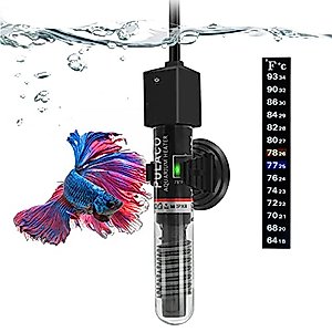 PULACO 25W Small Aquarium Betta Heater with Free Thermometer Strip, Under 6 Gallon Fish Tanks (Preset Temperature 78℉)