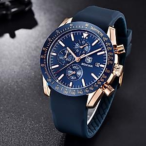 BENYAR Mens Watches Quartz Chronograph Business Luxury Brand Waterproof Wristwatches Fashion Brown Leather Watches for Men (Golden Blue-J)
