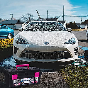 FORCAR 29Pcs Car Wash Cleaning Kit with Extendable Long Handle Brush Mop & Long Pole Window Water Scraper, 63" Large Towels, 16" Large Storage Box, Wash Mitt for Interior and Exterior Detailing, Pink