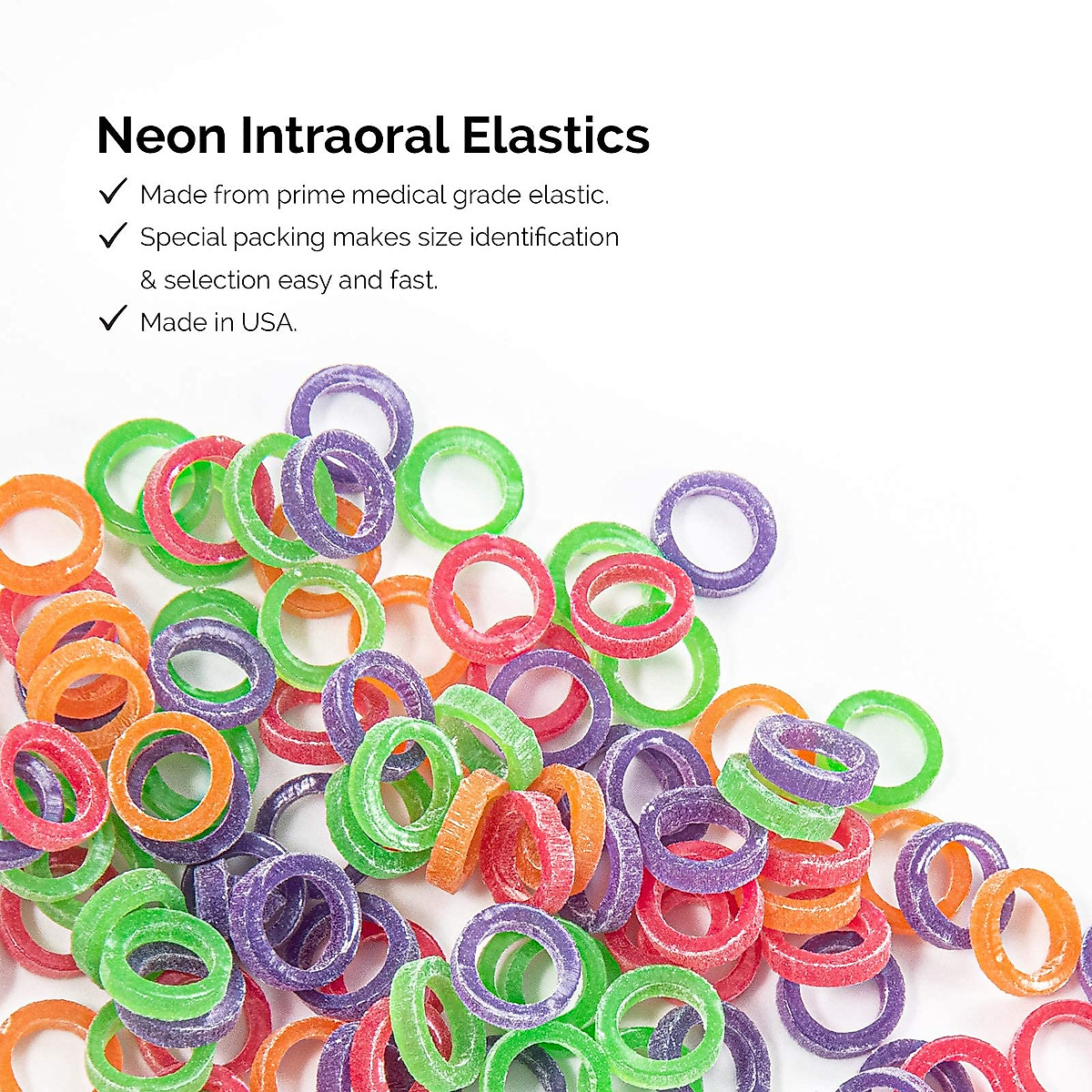 JMU Orthodontic Elastics 1/4 Heavy, 500 Pack Intraoral Elastic Bands Non-Latex Neon Dental Rubber Bands Made in USA