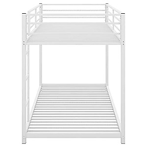 ZJIAH Metal Bunk Bed Twin Over Twin, Low Bunk Bed Frame with Ladder & Guardrail for Teens Adults Dormitory Bedroom, Heavy Duty Metal Bed Frame, Easy Assembly, No Box Spring Required, White