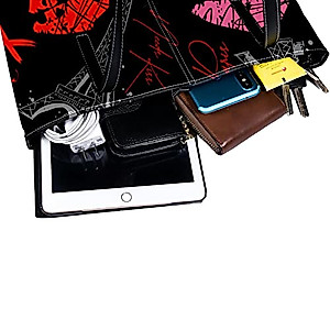 Paris Tower Lips Retro Tote Bag for Women Girls, Leather Shoulder Bag with Inside Pockets, Zip Top Handbags