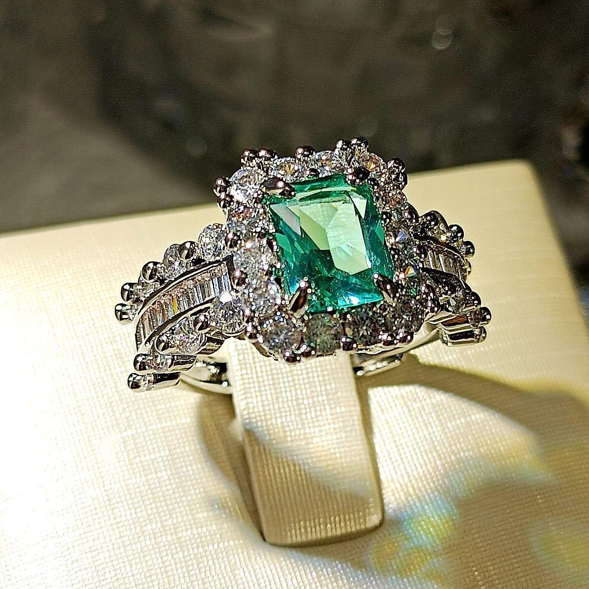 KINMOT Pretty Baguette Cut Shank Halo Sky Blue Square Zircon Engagement Rings Gift for Her