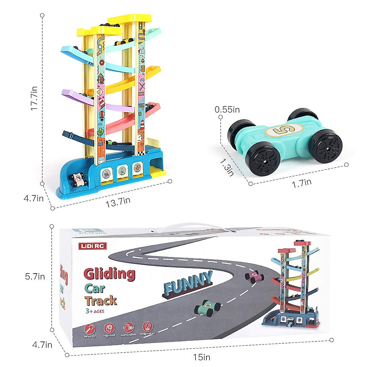 Gliding Car Toy Toddler Toys Car Ramp Toy Race Track Car Gifts Zig Zag Car Slide with 6 Ramps 8 Mini Cars- Racing Car Toys for Kids Boys Girls 3 4 5 6