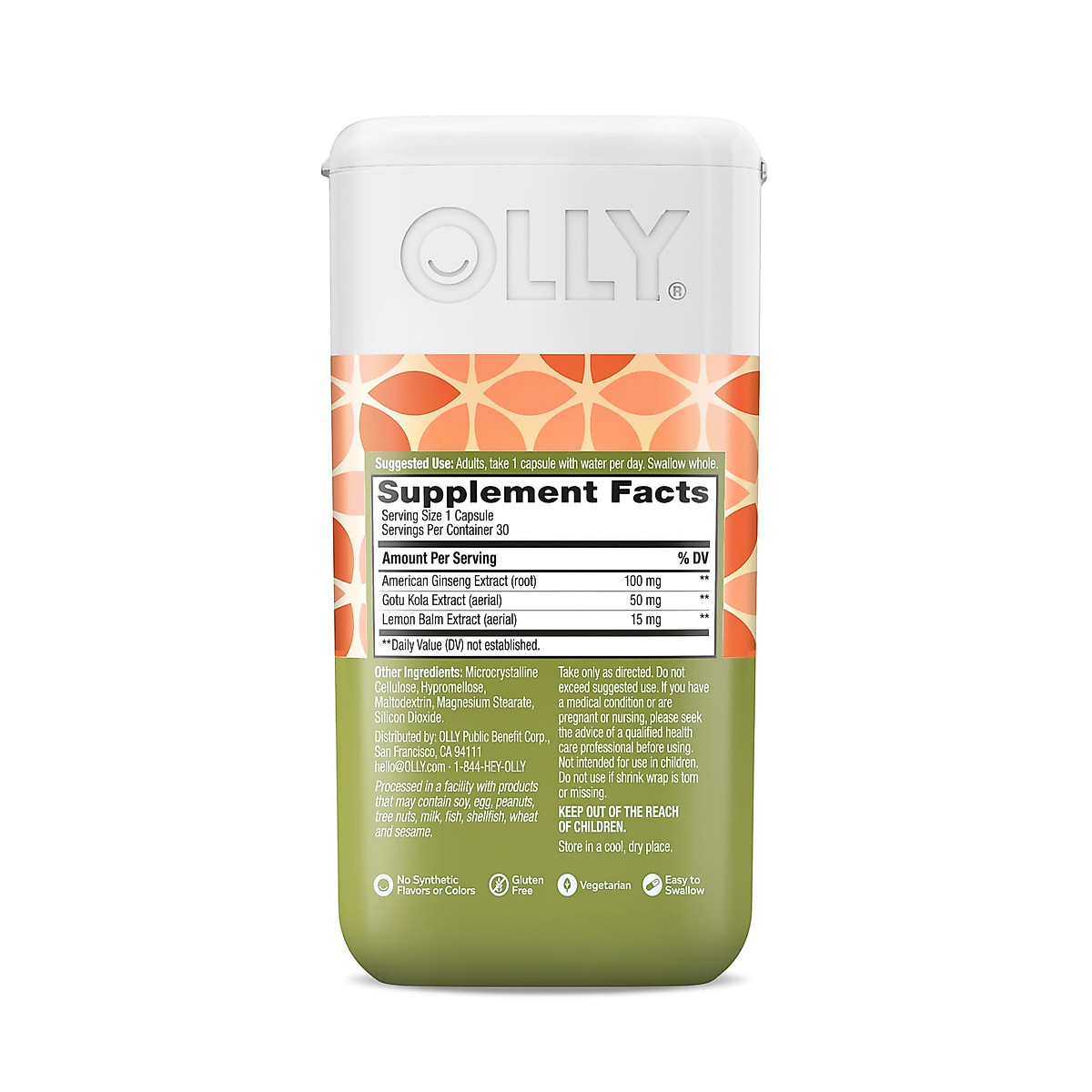 OLLY Focus Adaptogen, Ginseng, Gotu Kola, Mood Support Supplement, Vegetarian Capsules - 30ct