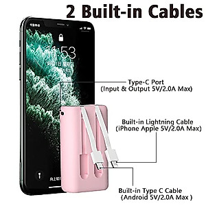 BOANV 12000mAh【2023 Upgraded】 Mini Lightweight Portable Battery Charger with 2 Built-in Cables (Type C, iOS), Fast Phone Charging Battery Pack Power Bank Portable Charger (Pink)