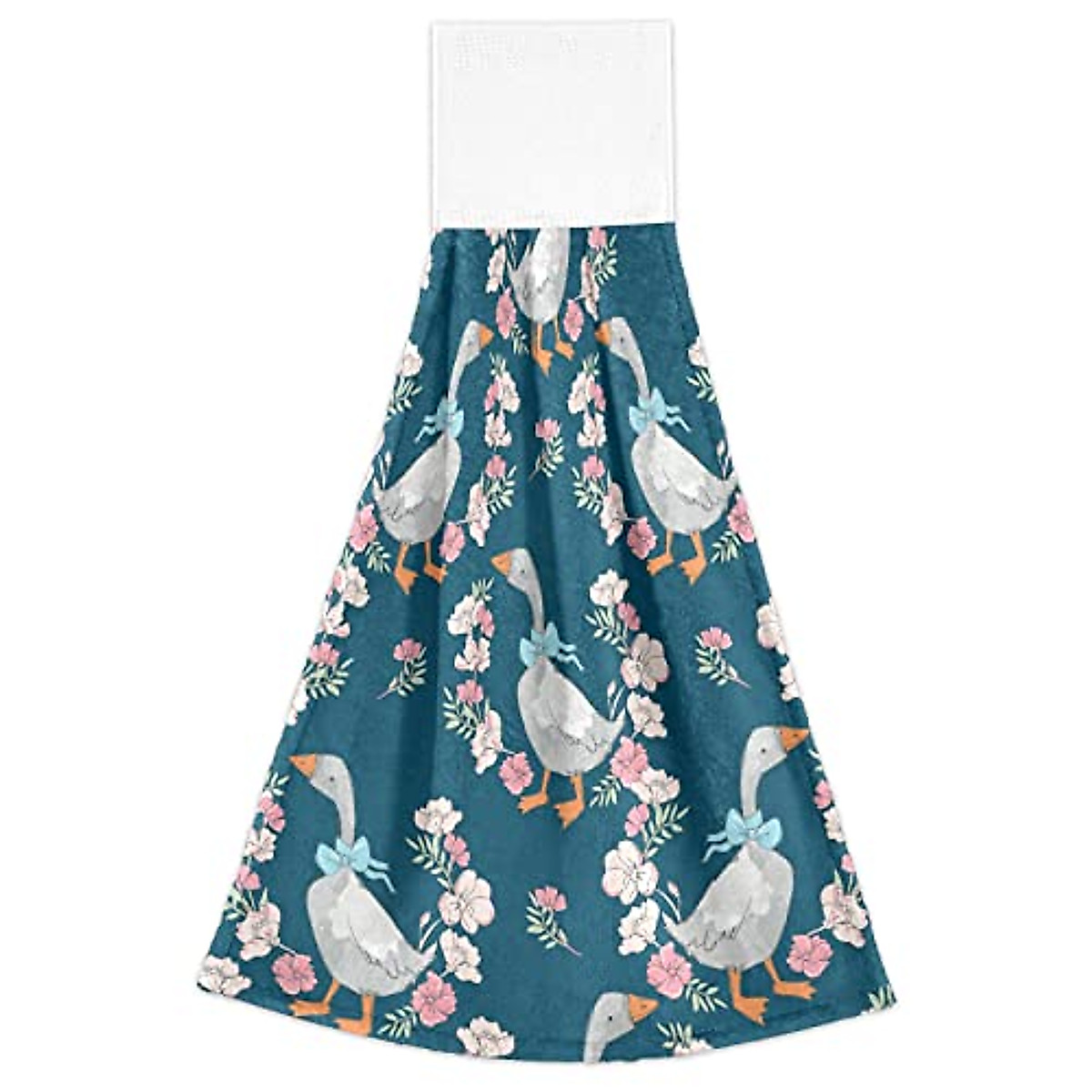 xigua 2 pcs Hanging Kitchen Towel Cute Goose and Flowers Hand Towel Absorbent Hanging Tie Towels for Bathroom Laundry Room Kitchen 12 x 17 Inches