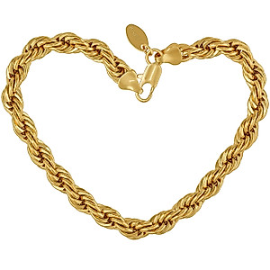 LIFETIME JEWELRY 7mm Rope Chain Bracelet for Men and Women 24K Real Gold Plated (Gold, 8 inches)