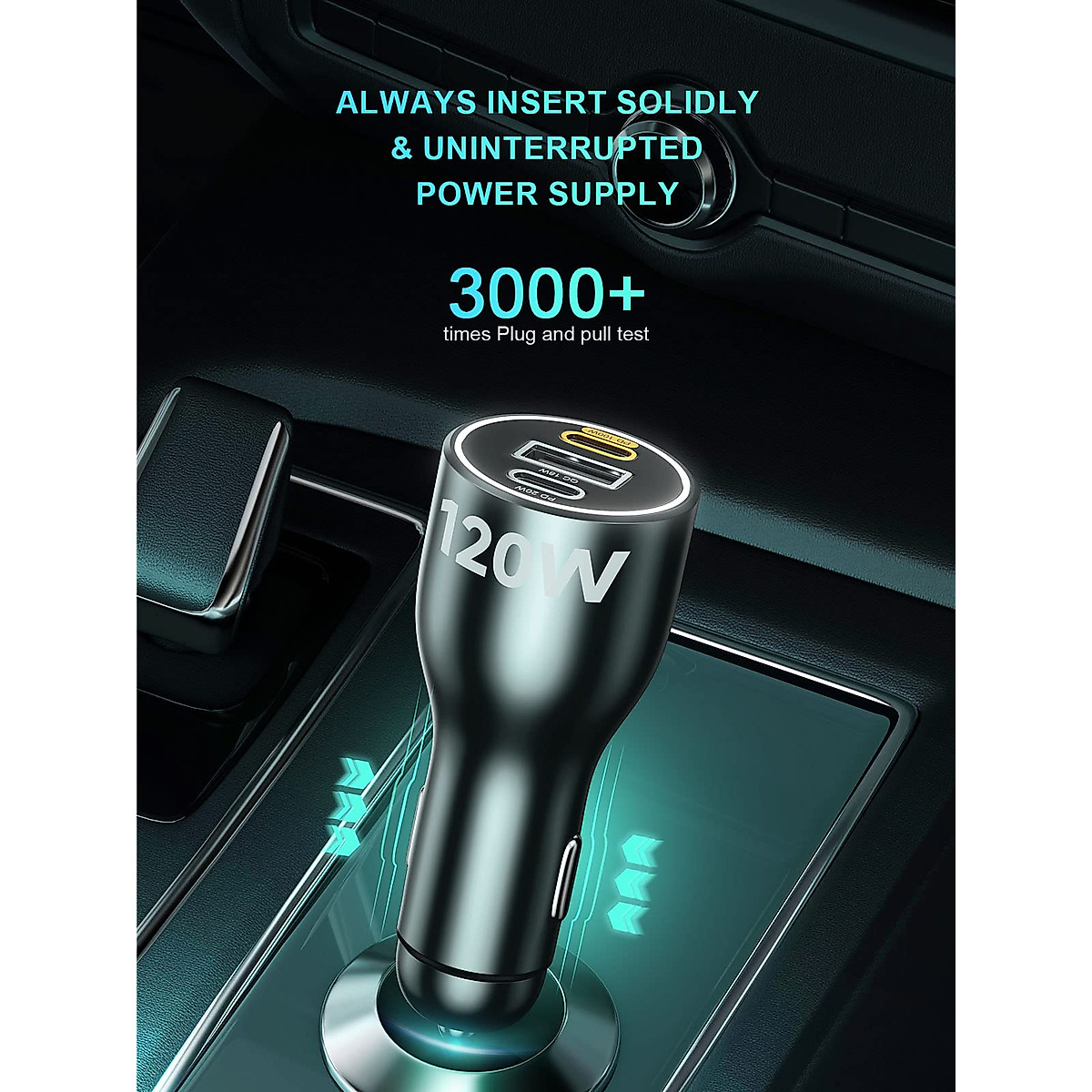 120W USB C Car Charger All-Metal PD3.0 100W/20W+18W 3 Ports Car Laptop Charger Compatible with MacBook,iPhone 15/14/13,Samsung Galaxy S23/22,Google Pixel 7/6(Comes with 100W C-C/20W C-L 3.3FT Cable)