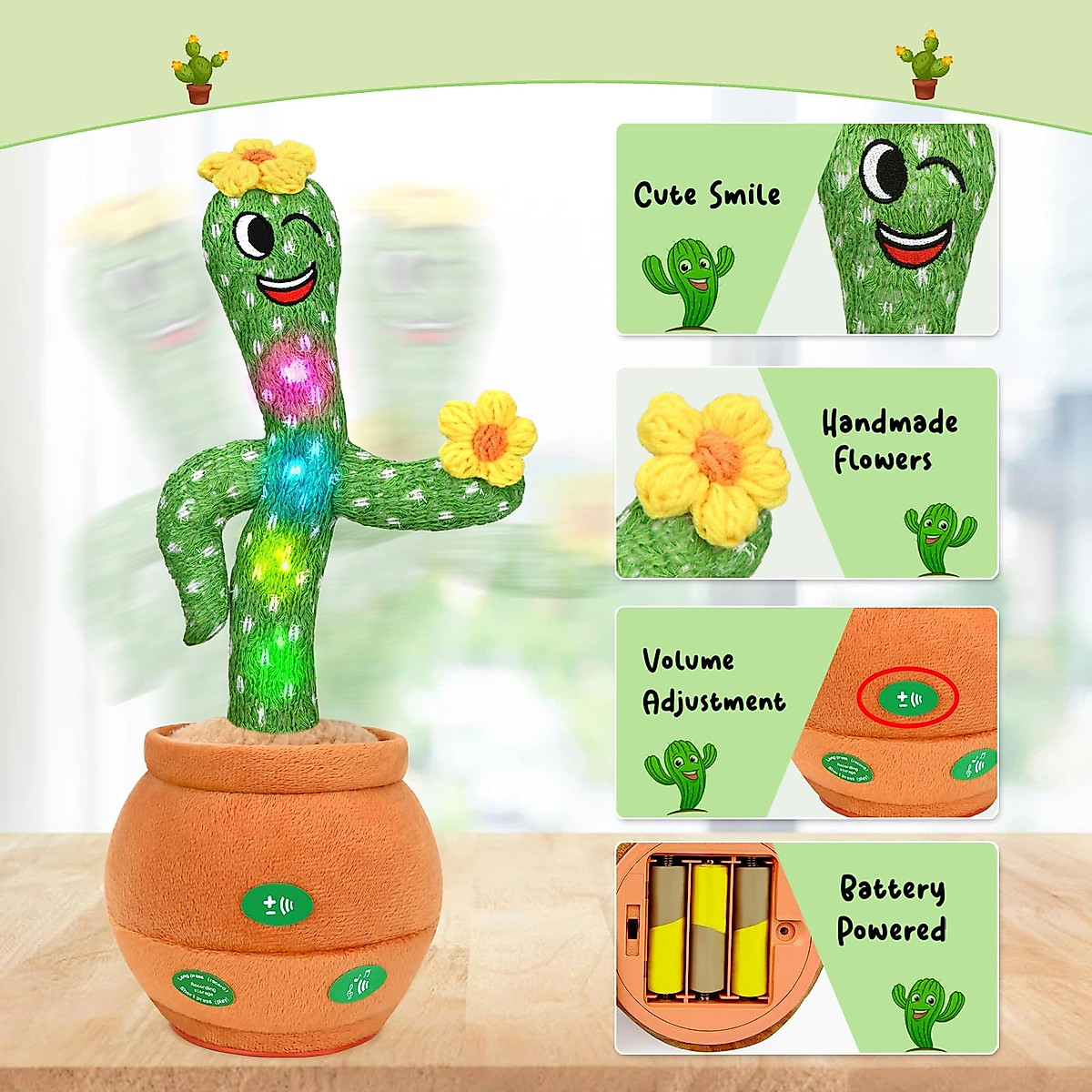 LGOUYGG Cactus Baby Toys Boy Girl Gifts, Talking Singing Mimicking Recording Light Up, Infant Babies Toddler Kids Interactive Musical Toy, Sing English Songs and Repeat What You Say
