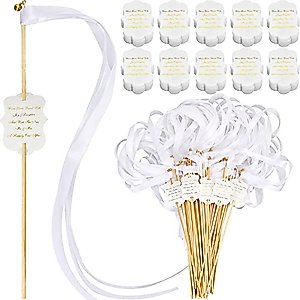 100 Set Ribbon Stick Wands with Bells and Wedding Wand Favor Tags Wedding Wands Wedding Send Off Items Ribbon Streamer Silk Fairy Stick Wand Tags for Party Holiday Celebration Decors (White)