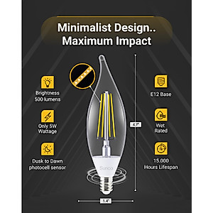Sunco 10 Pack Dusk to Dawn Candelabra CA11 LED Light Bulbs Outdoor, 5W Equivalent 40W, CRI90 2700K White, Candle Flame Tip, Photocell Sensor, Decorative Filament, 500 Lumens, E12 Base UL