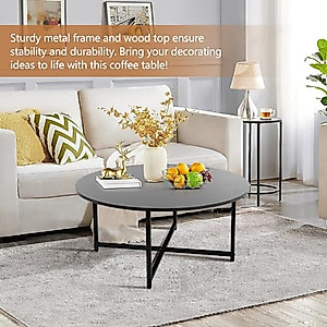 TOYSINTHEBOX Round Coffee Table Modern Coffee Table Sofa Table Tea Table for Living Room, Office Desk, Balcony, Wood Desktop and Metal Legs, Black, 31.5"