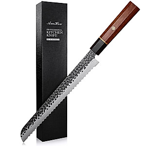AmHoo Bread Knife 10-inch 9CR18MOV High Carbon Stainless Steel Professional Hand Forged Ultra Sharp Serrated Handle Rosewood for Homemade Bread Cake Christmas Gifts