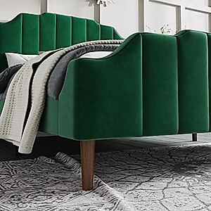 SHA CERLIN Wood Queen Size Bed Frame with Modern Curved Upholstered Wingback Headboard / Heavy Duty Platform Bed with Strong Wood Slat Support / Green