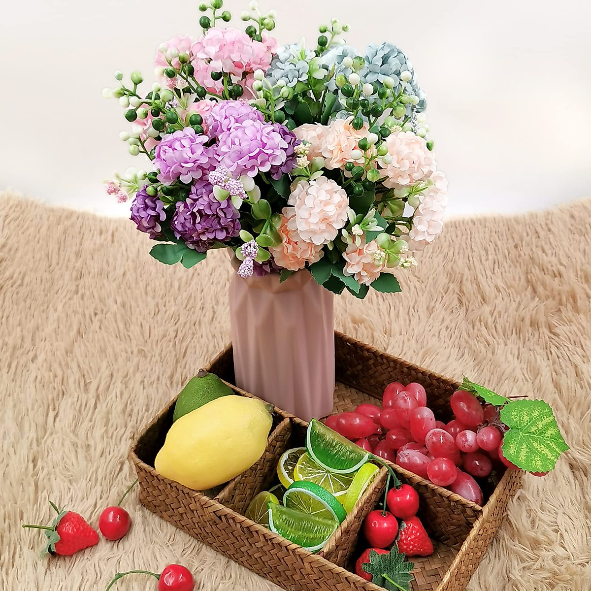 SNAIL GARDEN 40Heads Artificial Hydrangea Flowers, 4Pack Fake Silk Mini Hydrangea with 1 Vase Kraft Paper Bag-Mini Artificial Chrysanthemum Ball Perfect for Home Office Wedding Baby Shower Party Decor