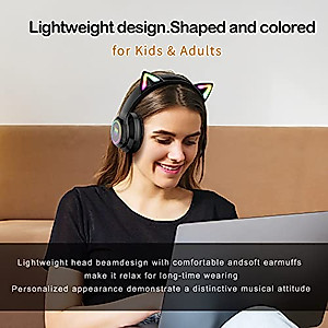 ONITOON Cat Ear Bluetooth Headphones with Micphone for Kids & Adults, LED Light Up Wireless HI-FI Sound Quality, Over-Ear Headphones with Volume Control for iPhone/iPad/Laptop/PC(55H Play Time)