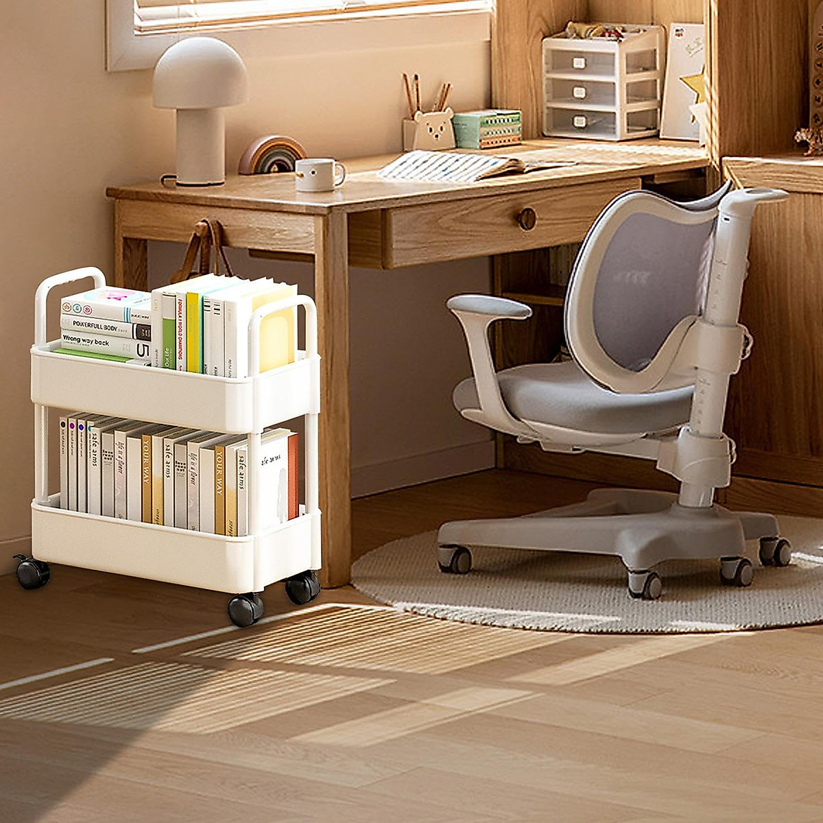 2 Tier Movable Bookcase, Book Cart Organizer, Utility Rolling Cart, 2 Tier Bookshelf with Wheel for Bedroom Living Room Home School, Kids Children Students