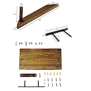 Meng Club Multi-use Rustic Long Mounted Corner Decorative Dark Wall Floating Bookshelf with 30 Degree Angle Wooden Bar for Living Room, Solid Pine Wood Wall Book Shelves Set for Hanging Coats Hook