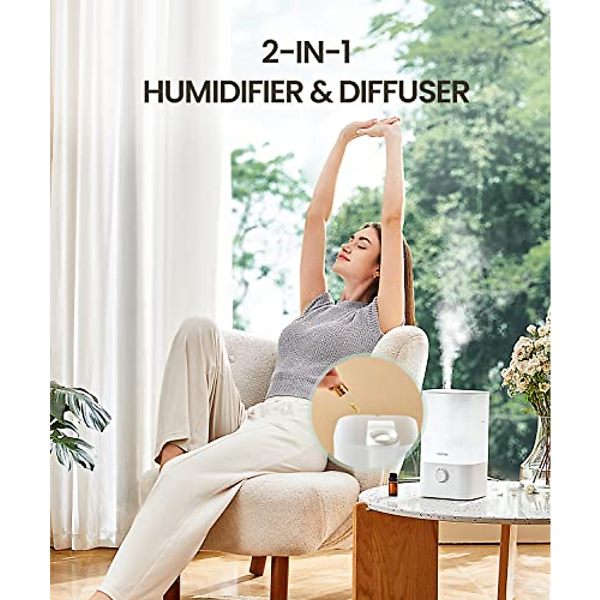 raydrop Humidifiers for Bedroom, 2.5L Top Fill Cool Mist Humidifiers for Home, Large Room, Baby, and Plant, Essential Oil Diffuser with Cycling 7 Color Lights, 360° Nozzle, Auto Shut-Off, White