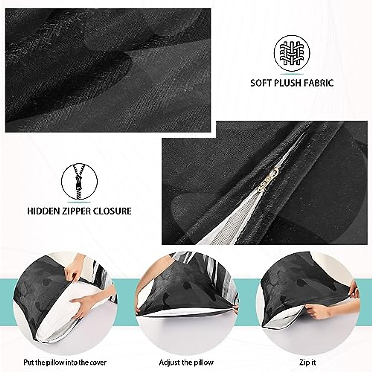 Black Grey Camouflage Pillow Cases King Size Velvet Pillow Covers Super Soft Decorative Pillowcase with Zipper for Women Men Bedroom Sofa Couch