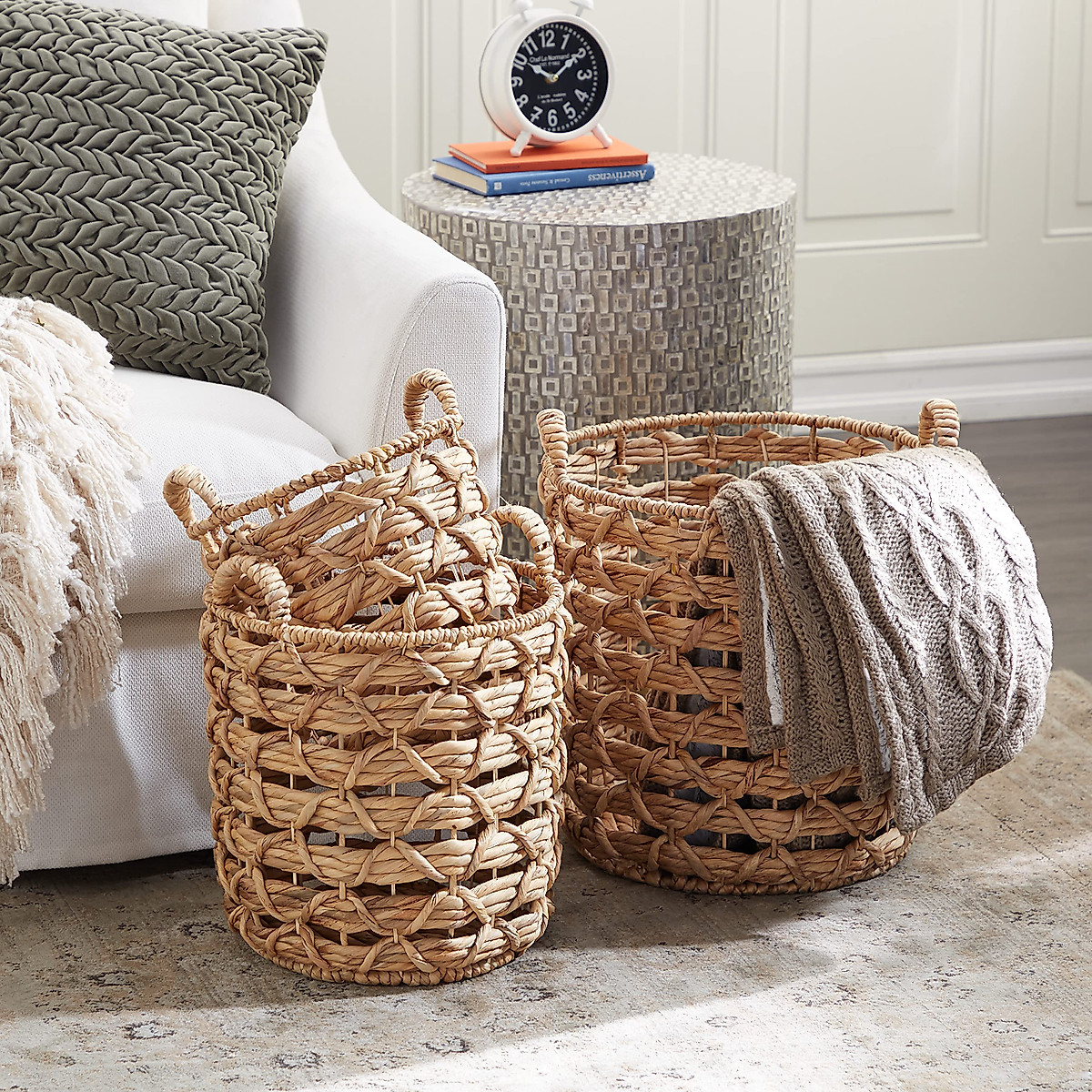 Deco 79 Coastal Fabric Cylinder Storage Basket, Set of 3 18", 16", 13"H, Brown