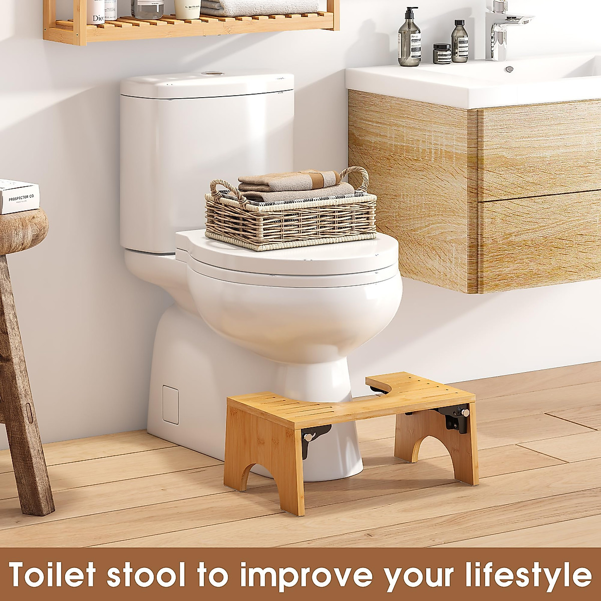 FILWH 6.7 Inches Folding Toilet Stool for Bathroom Squatting Toilet Stool Collapsible Poop Stool Bamboo Anti-Slip Toilet Stool Foldable Toilet Potty Step Stool for Adult Portable Sturdy