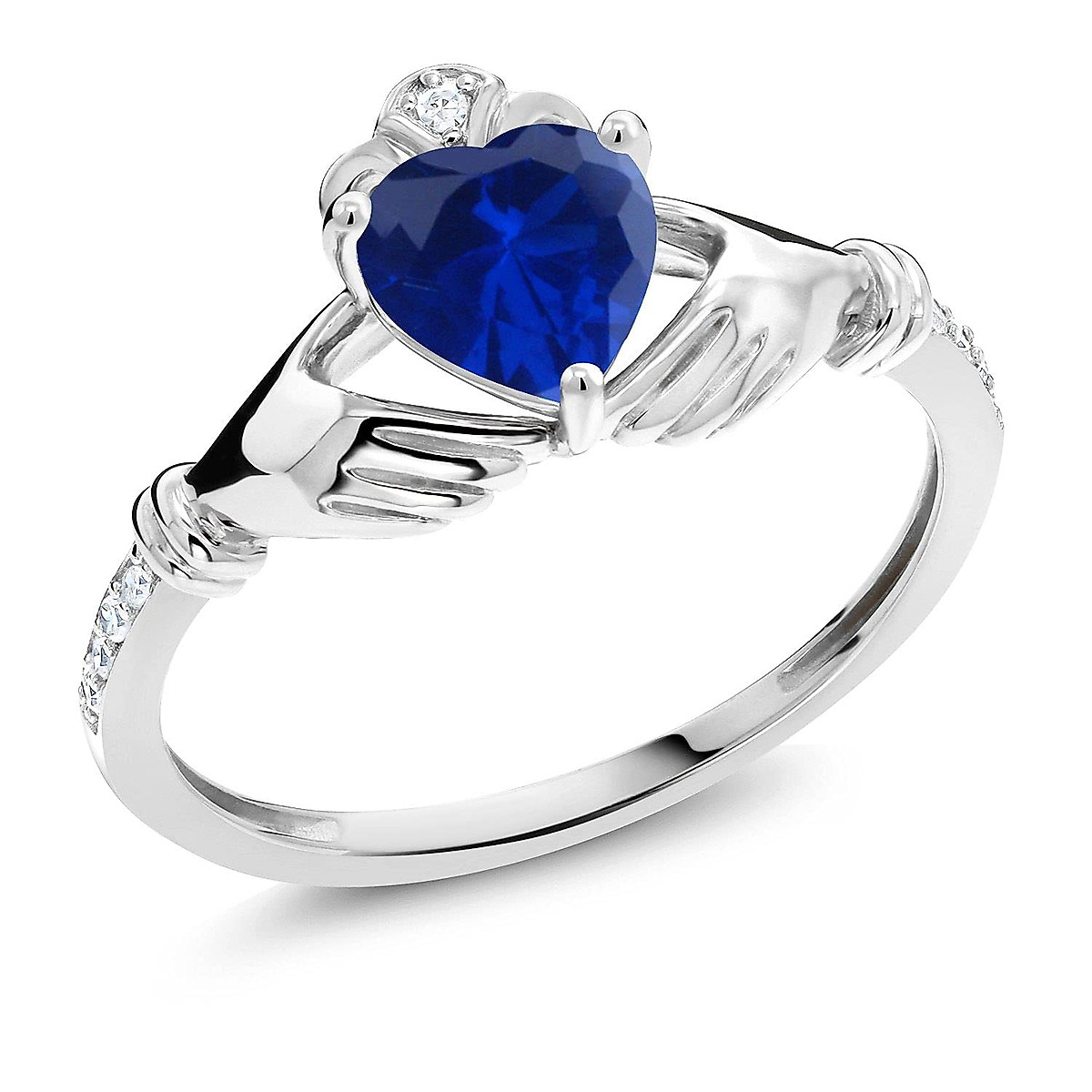 Gem Stone King 10K White Gold Blue Created Sapphire and White Diamond Irish Celtic Claddagh Ring For Women (0.86 Cttw, Heart Shape 6MM, Gemstone Birthstone, Available in size 5, 6, 7, 8, 9)